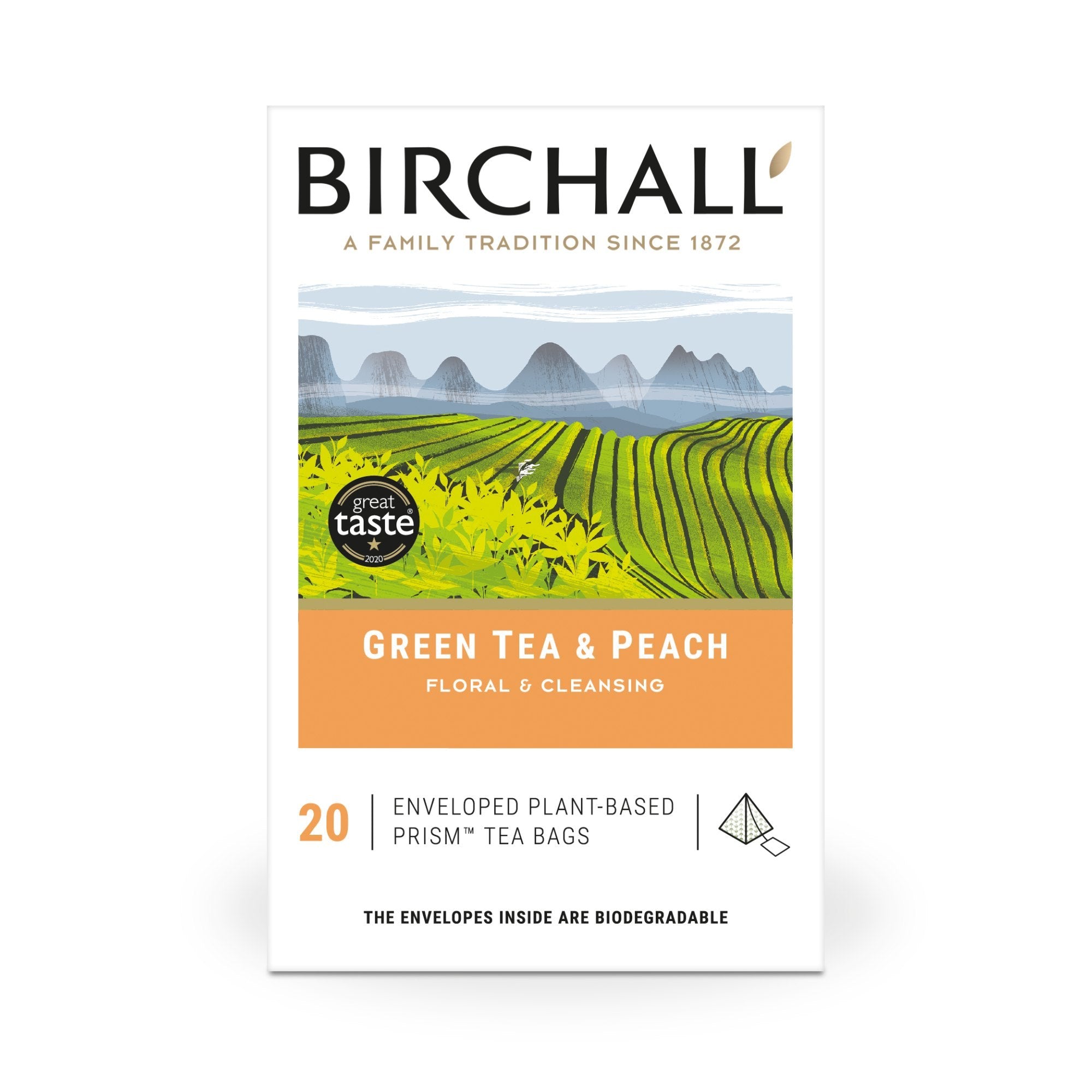 Birchall Green Tea & Peach – 20 Enveloped Plant-Based Prism Tea Bags