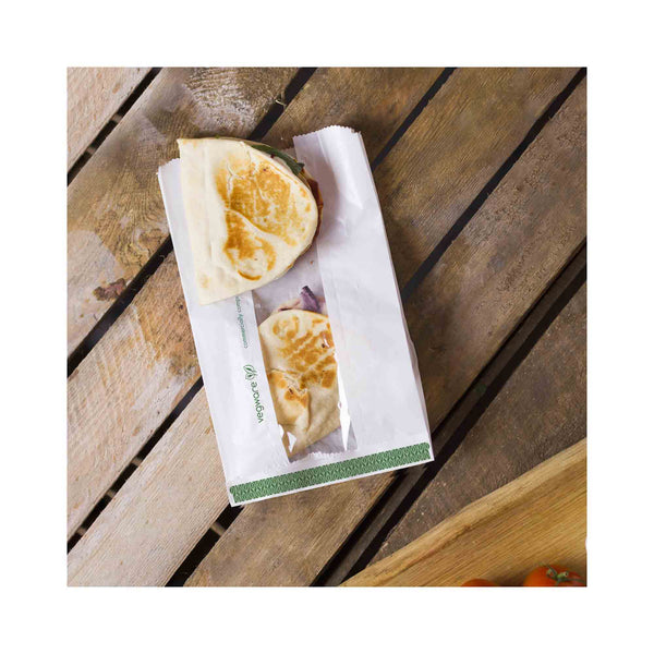Vegware Compostable 6x2.5x10in Glassine Food Bag With Window Case 500 | Clumsy Goat Coffee